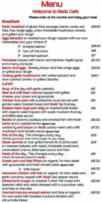 Menu at Reds Cafe, Otaki