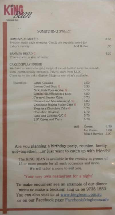 Menu at King Bean Cafe, Wantirna, Boronia Rd