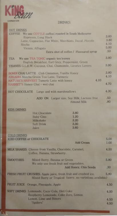 Menu at King Bean Cafe, Wantirna, Boronia Rd