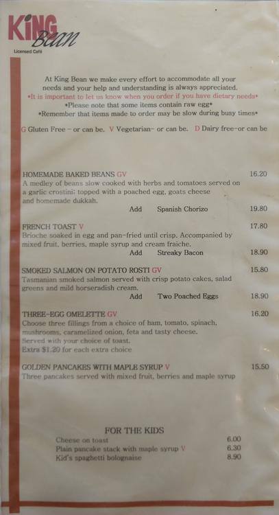 Menu at King Bean Cafe, Wantirna, Boronia Rd