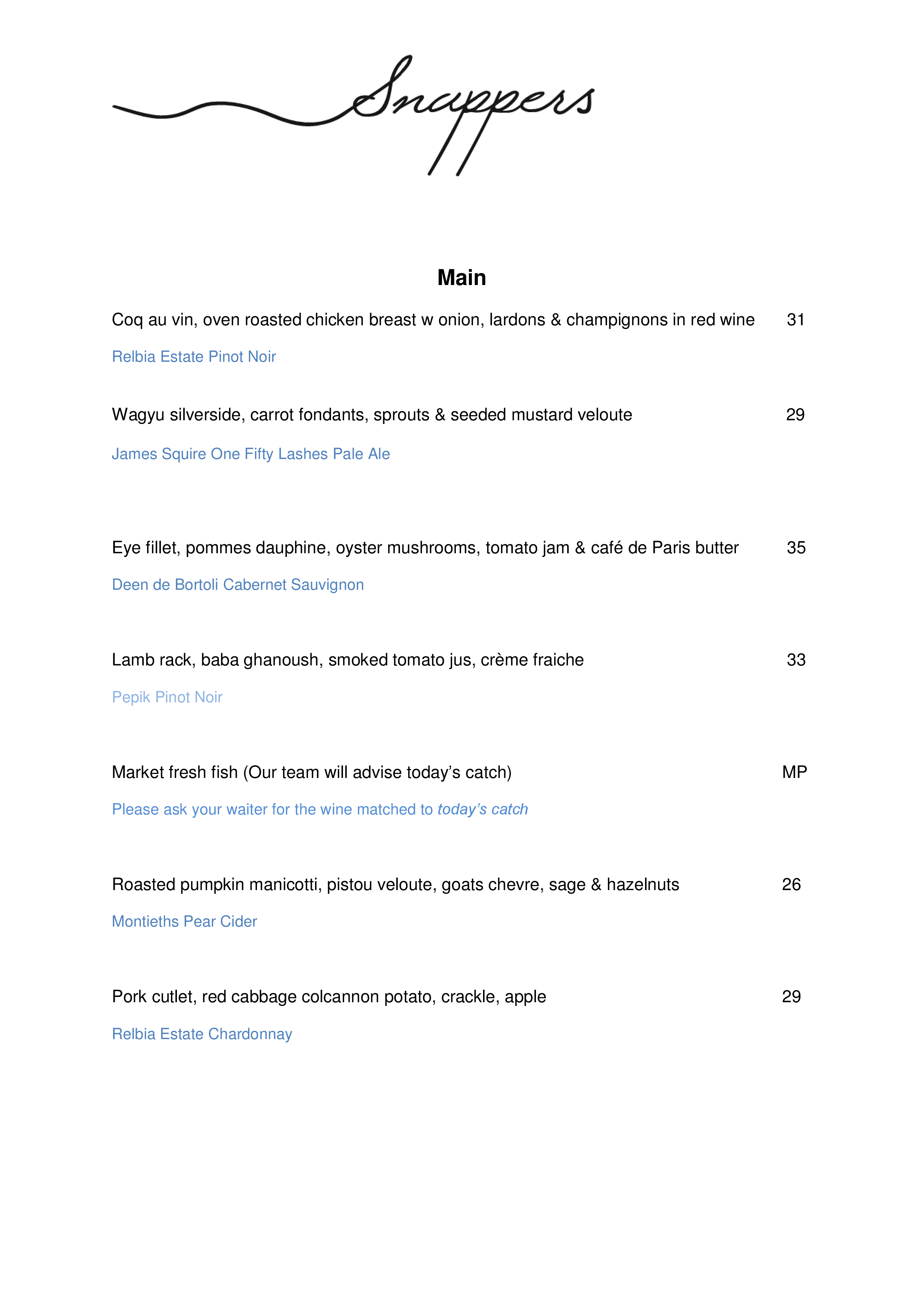 Menu at Snappers Restaurant, Launceston