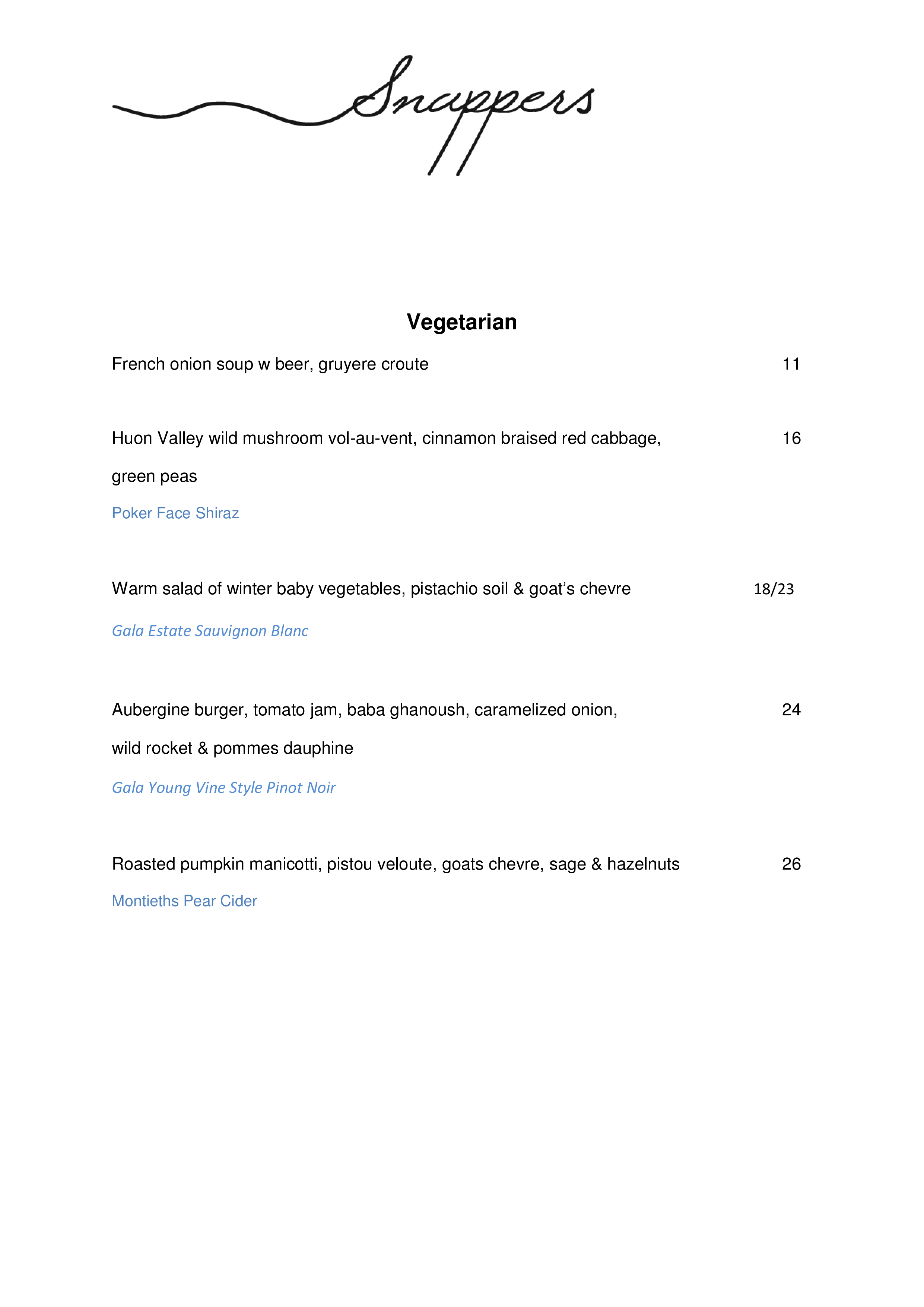 Menu at Snappers Restaurant, Launceston