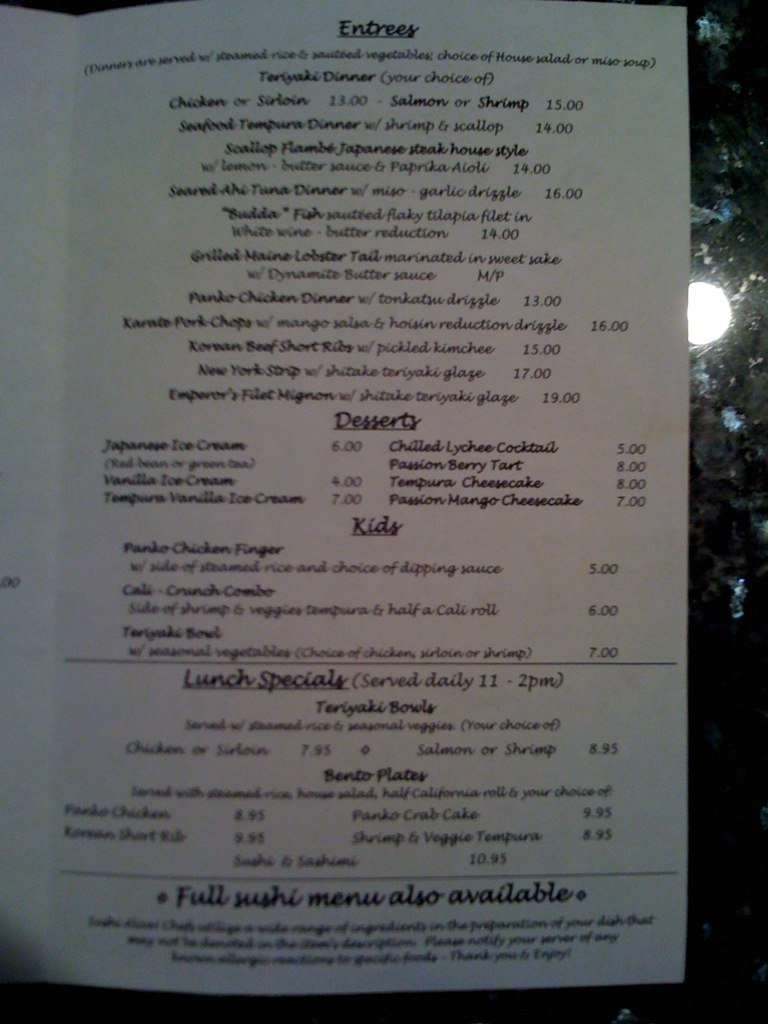 Menu at Sushi Alive restaurant, Tampa, Race Track Rd