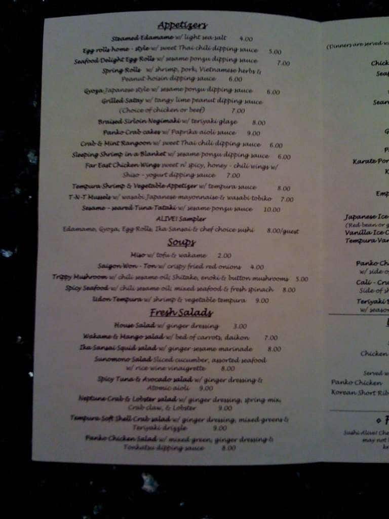 Menu at Sushi Alive restaurant, Tampa, Race Track Rd