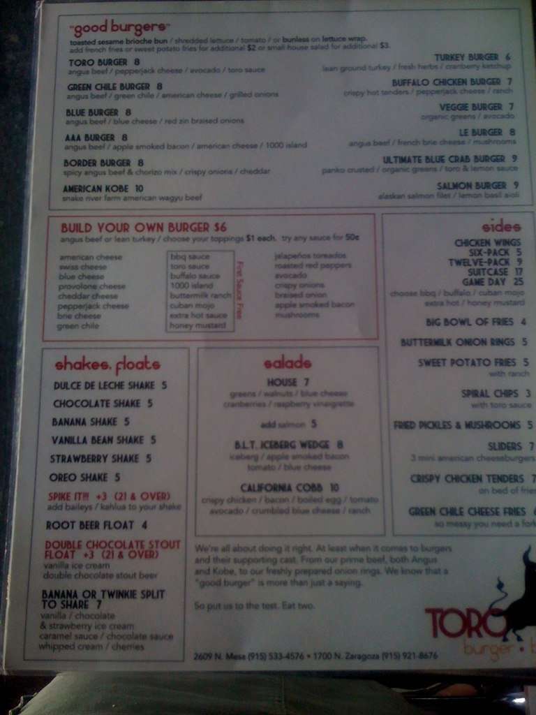 Toro Burger Bar‎ Menu, Menu for Toro Burger Bar‎, University/Kern, El ...