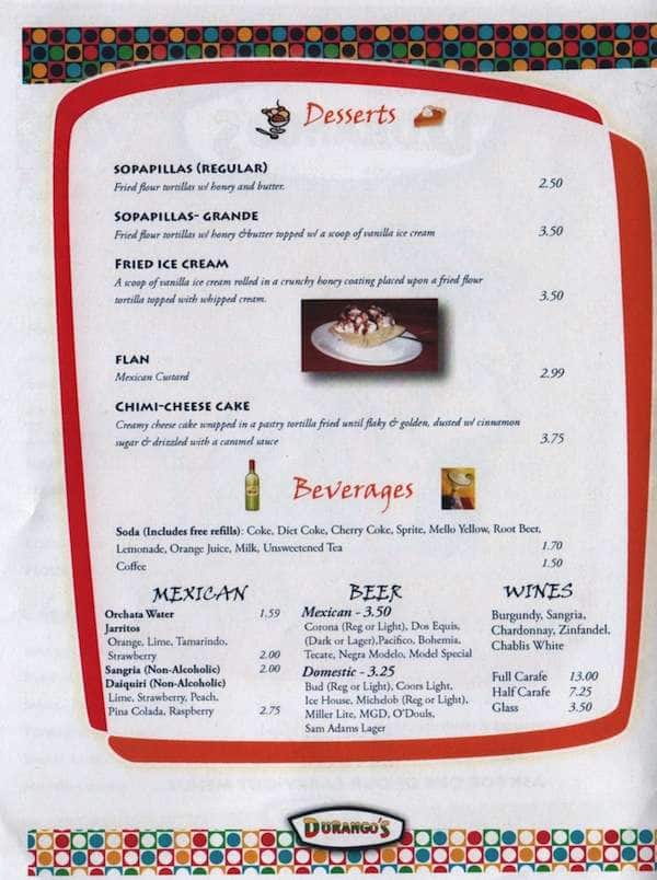 Carta de Durango's Mexican Restaurant, Oshkosh