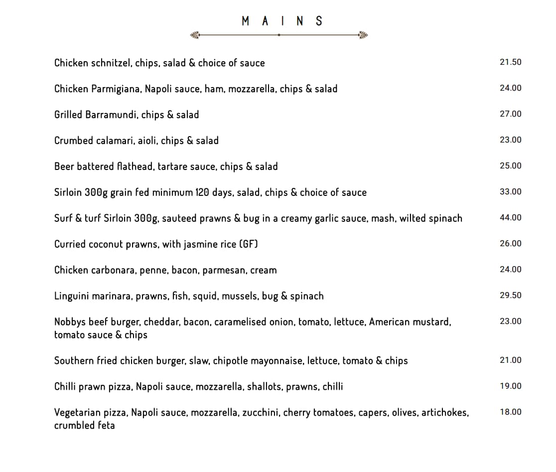 Menu at Nobby's Beach Surf Club, Mermaid Beach