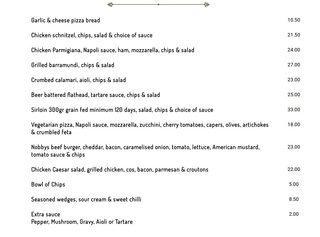 Menu of Nobby’s Beach SLSC, Mermaid Beach, Gold Coast
