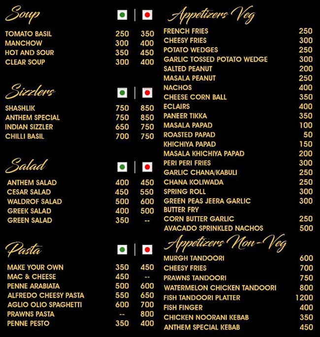 Menu of Anthem Lounge, Powai, Mumbai