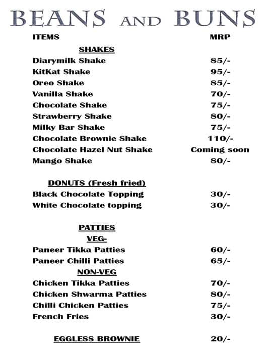 Menu at Beans And Buns, Varanasi
