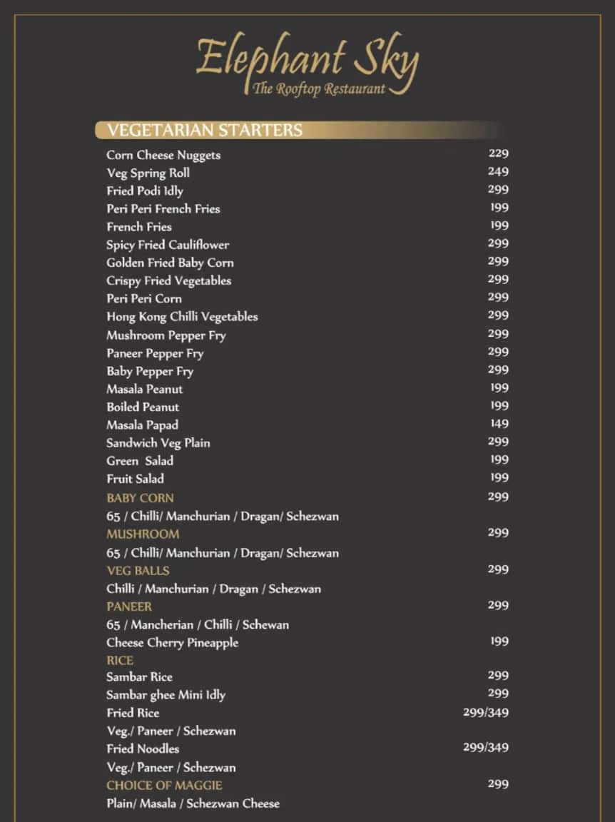 Menu of Elephant Sky, T. Nagar, Chennai