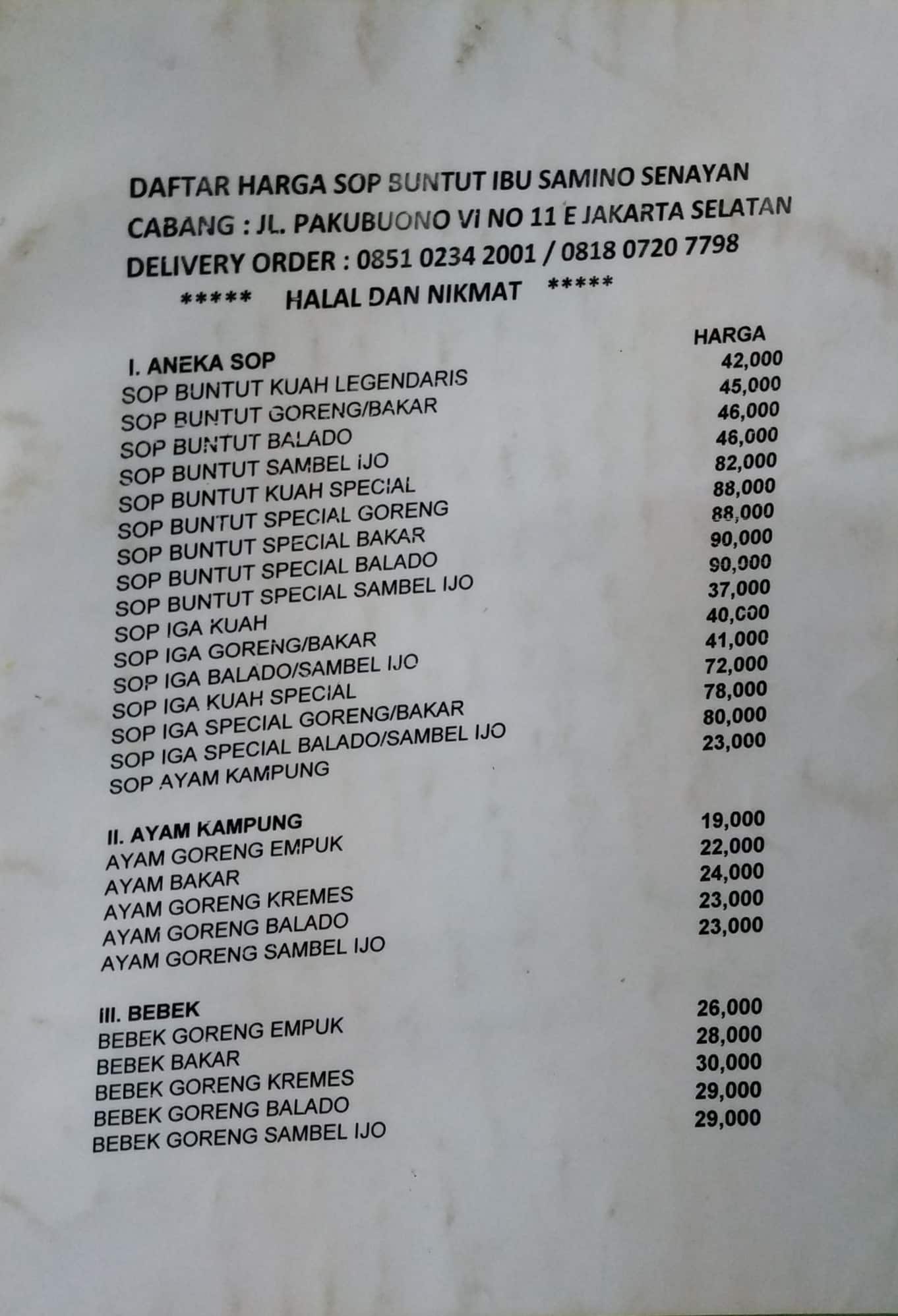 Menu at Sop Buntut Ibu Samino restaurant, South Jakarta, Jl. Tentara ...