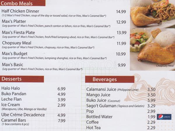 Menu at Max's Restaurant, Cuisine of the Philippines, Vaughan, Vaughan ...