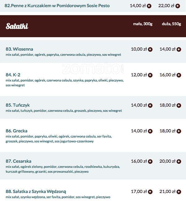 Menu at Pizzeria K2, Łódź