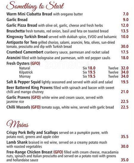 Kingsway Bar & Bistro Menu - Urbanspoon/Zomato