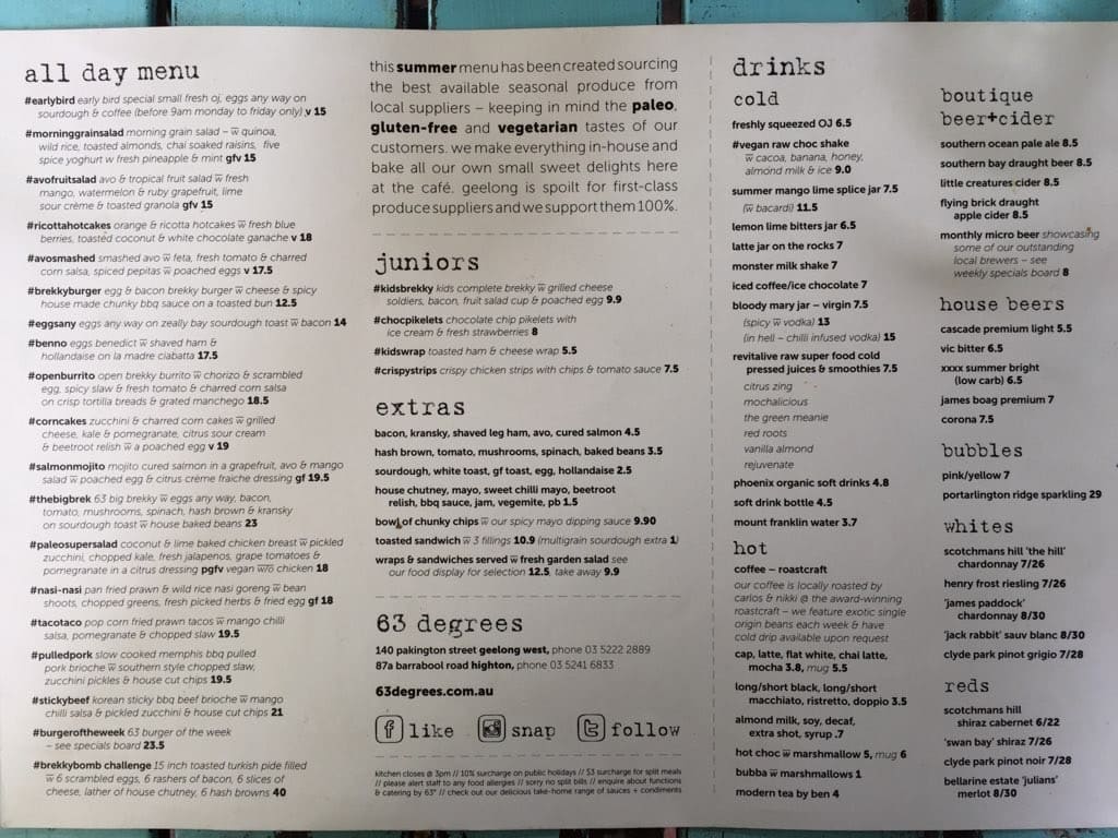 Menu at 63 Degrees restaurant, Geelong West, 140 Pakington St