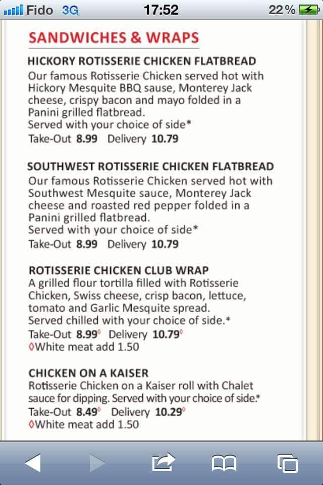 Menu at Swiss Chalet restaurant, Niagara Falls, Lundy's Ln