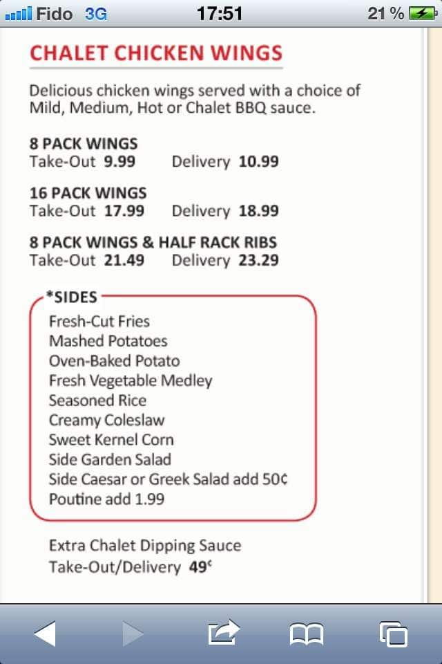 Menu at Swiss Chalet restaurant, Niagara Falls, Lundy's Ln