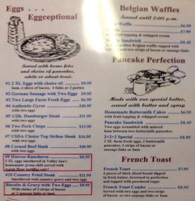 Menu at Valley Inn Restaurant, Lakewood