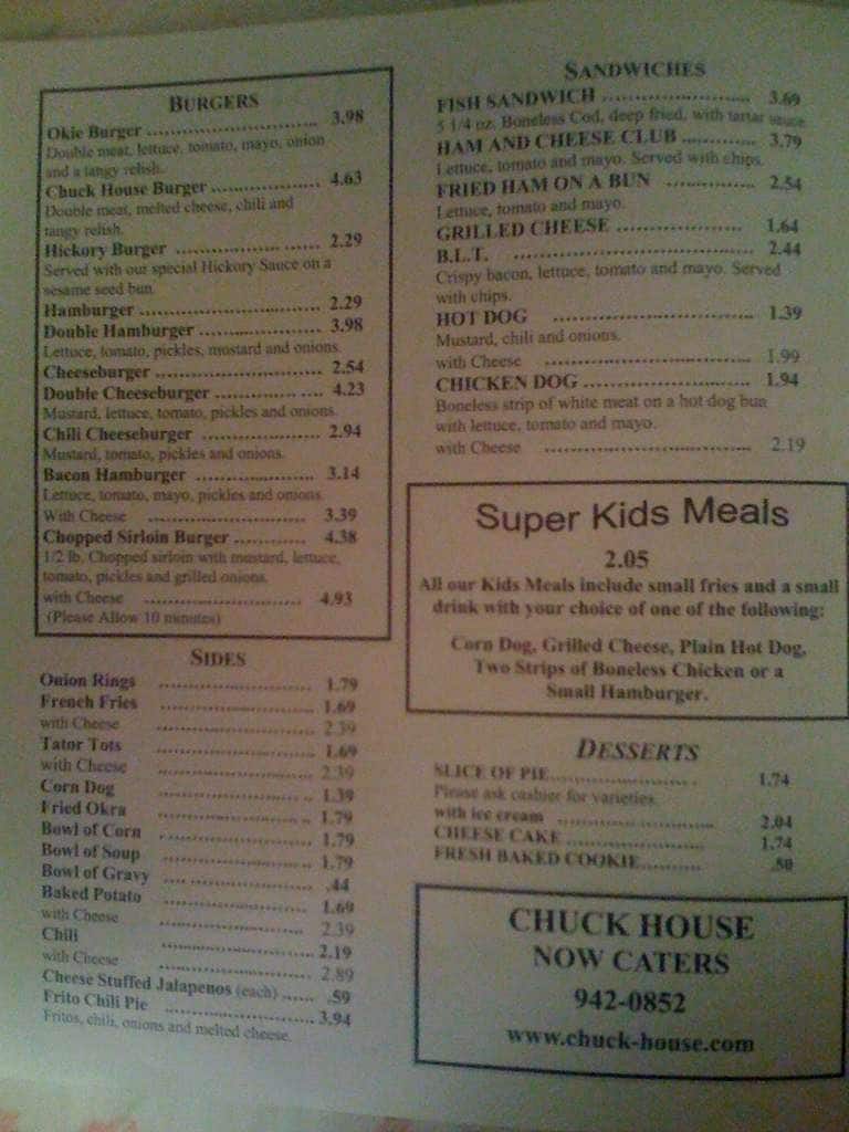 Menu at Chuck House restaurant, Oklahoma City, NW 10th St