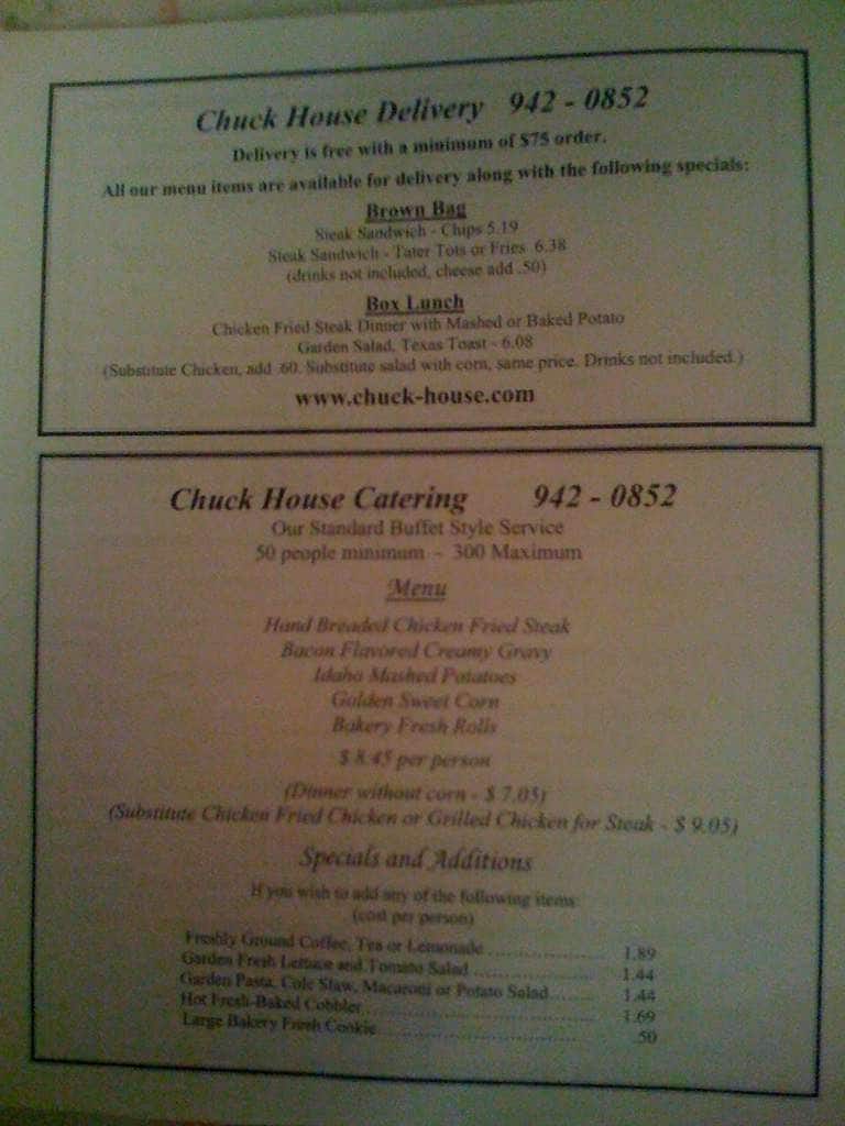 Menu at Chuck House restaurant, Oklahoma City, NW 10th St