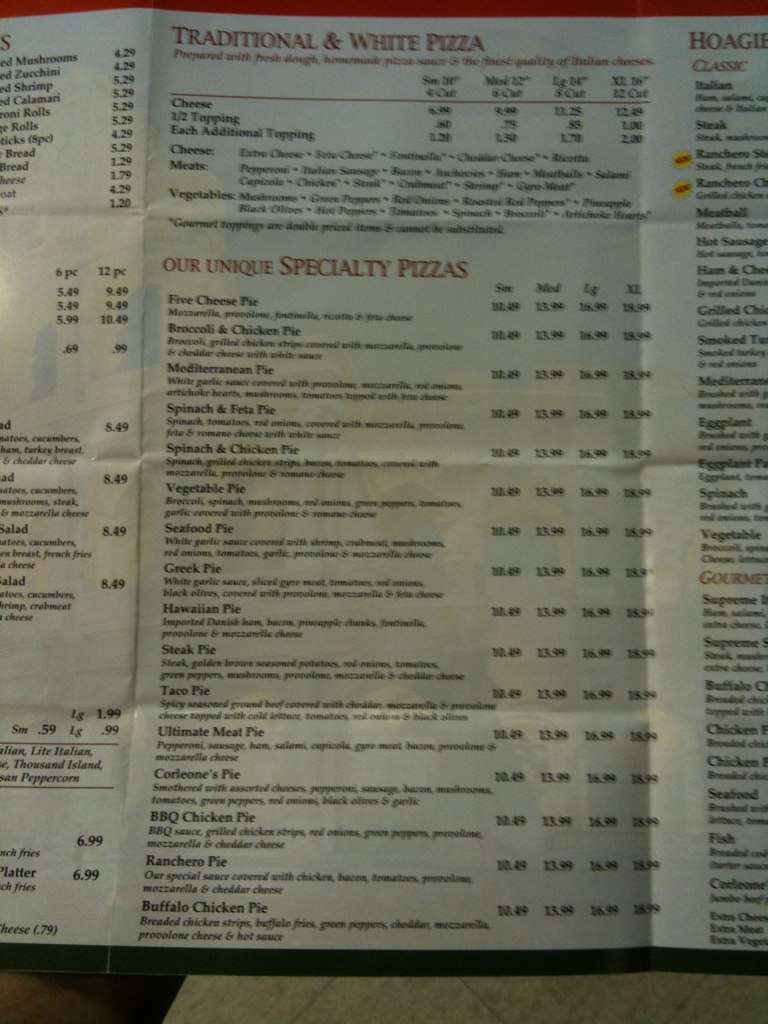 Menu at Corleone's pizzeria, Dayton