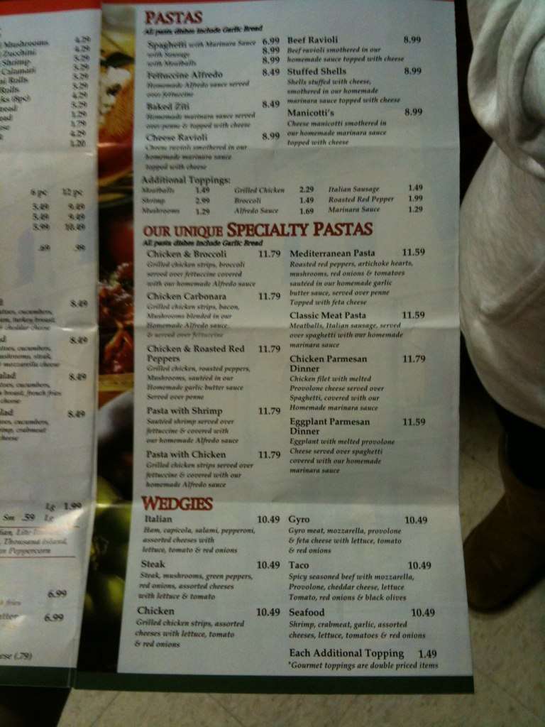 Menu at Corleone's pizzeria, Dayton