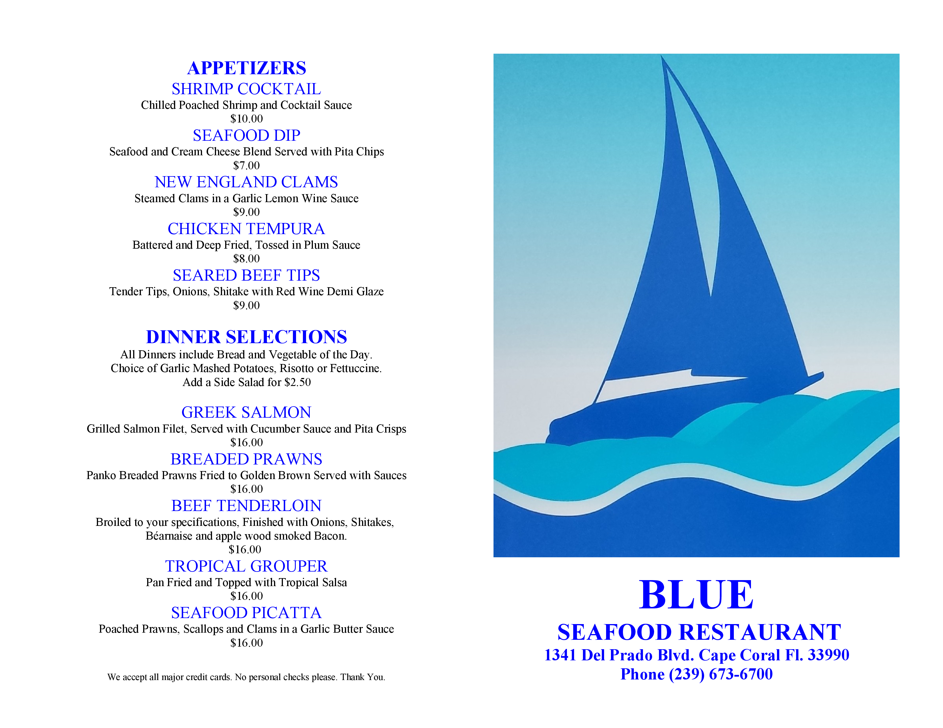 Menu at Blue Seafood Restaurant, Cape Coral
