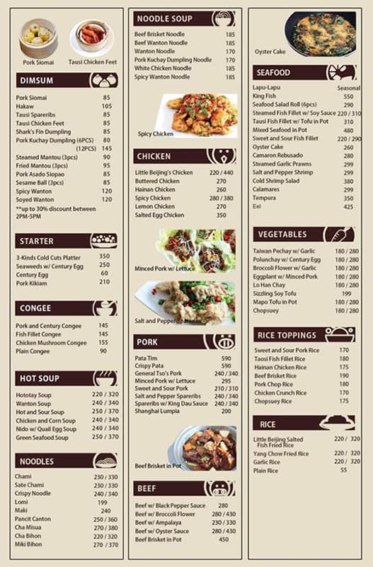 Menu at Little Beijing Chinese Cuisine restaurant, Valenzuela