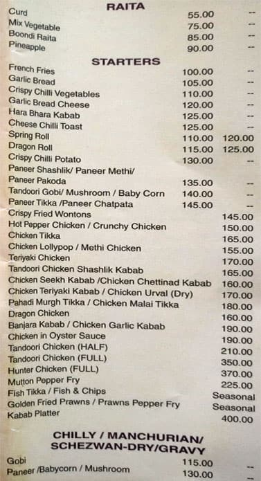 Menu of Saiba Restaurant, Eshwar Nagar, Manipal