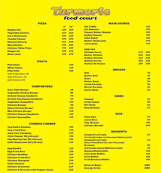 Menu at Turmeric, Dehradun