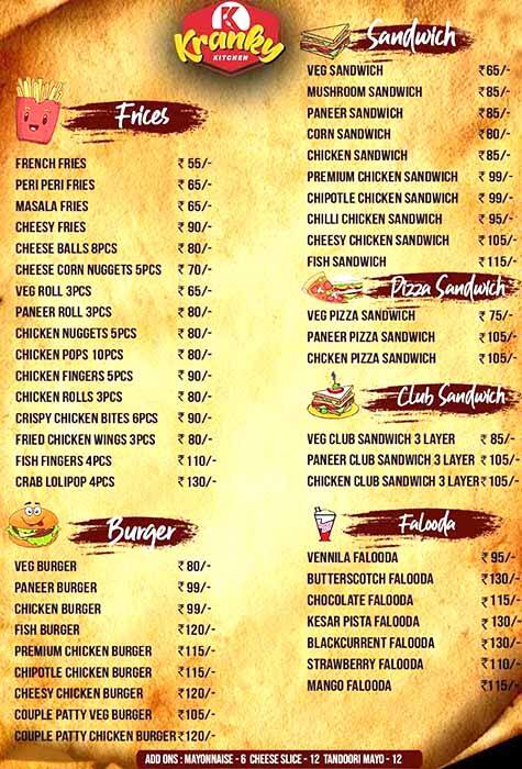 Menu of Kranky Kitchen, Ramapuram, Chennai