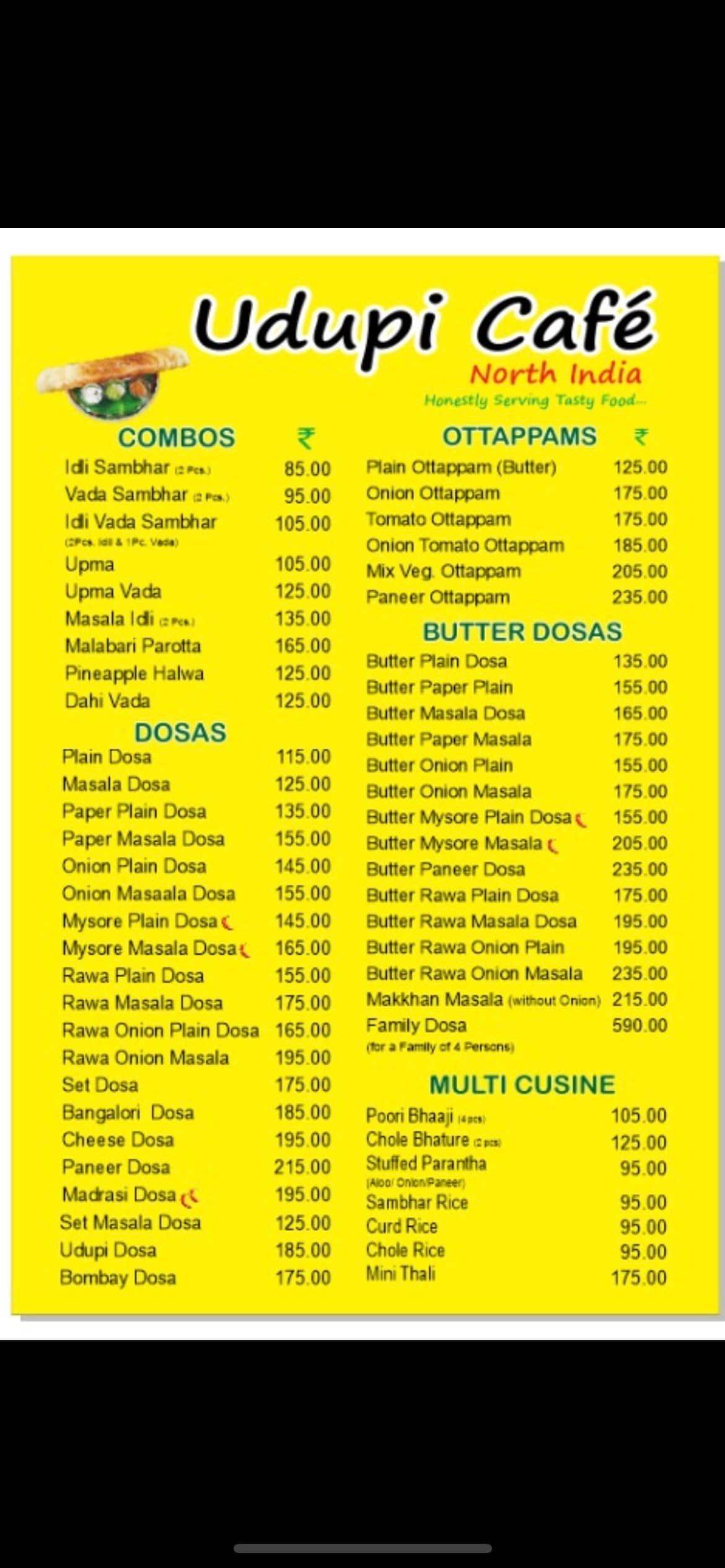 Menu at Udupi Cafe North India, Dehradun