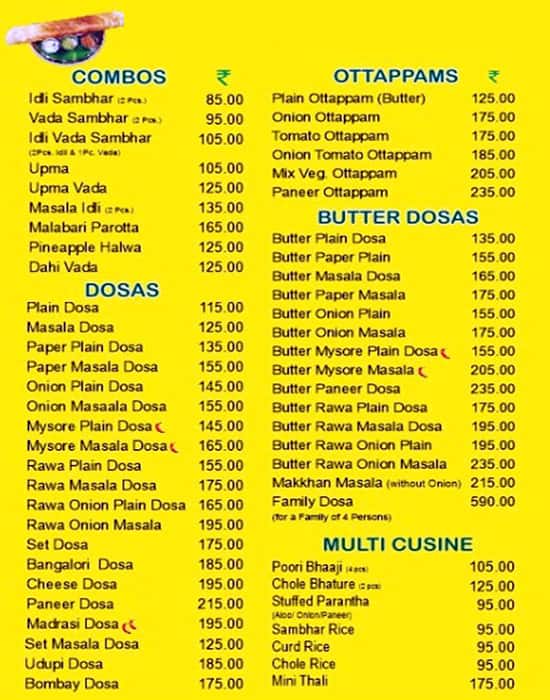 Menu at Udupi Cafe North India, Dehradun