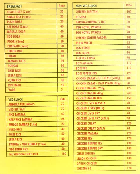 Menu of Mane Thindi Oota Hotel, Bannerghatta Road, Bangalore
