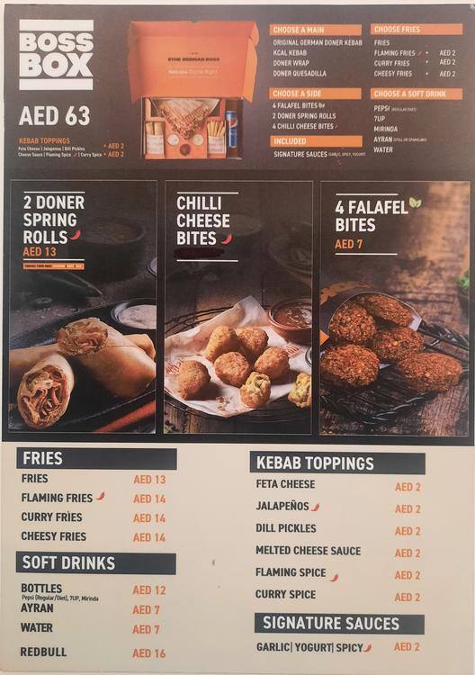 Menu of German Doner Kebab, Yas Island, Abu Dhabi