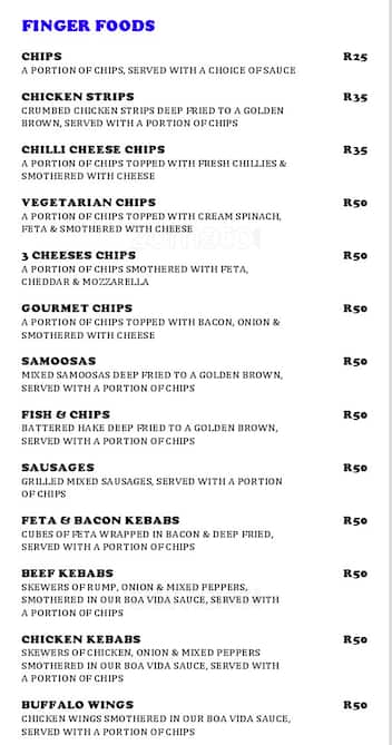Menu at Boa Vida Cafe, Boksburg