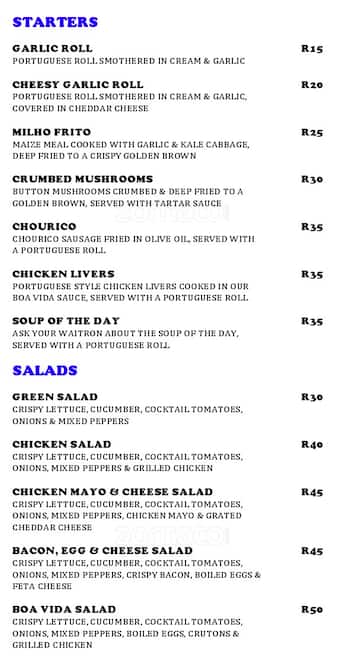 Menu at Boa Vida Cafe, Boksburg