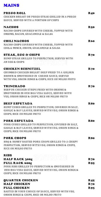 Menu at Boa Vida Cafe, Boksburg