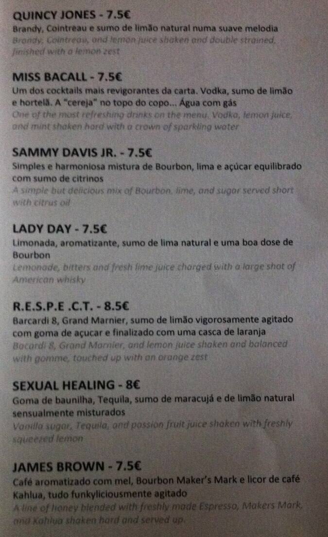 Menu at Harlem pub & bar, Lisbon