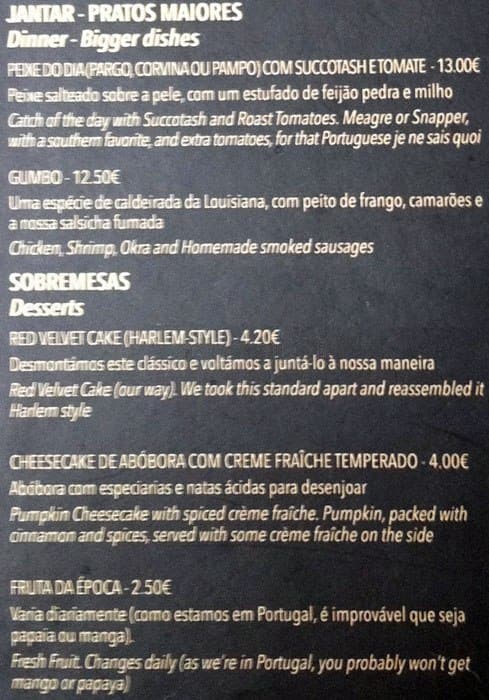 Menu at Harlem pub & bar, Lisbon