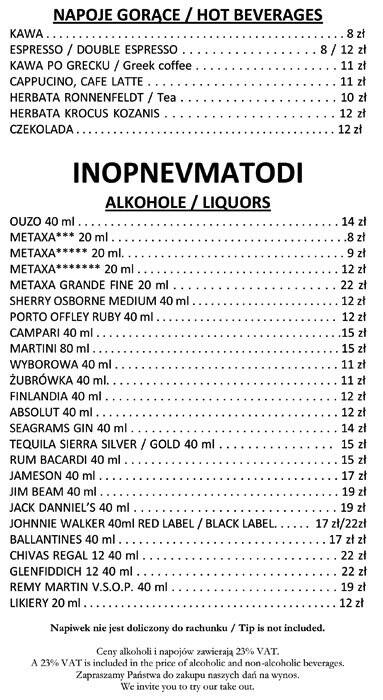 Menu at Meltemi restaurant, Warsaw