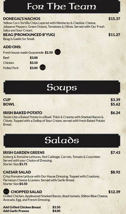 Menu at Donegal's Irish House / Donegal's Pub, Surrey