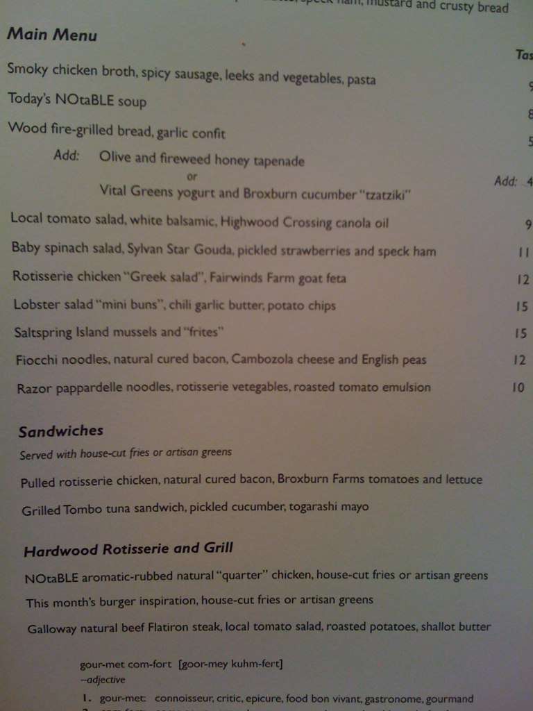 Menu at NOtaBLE - The Restaurant, Calgary