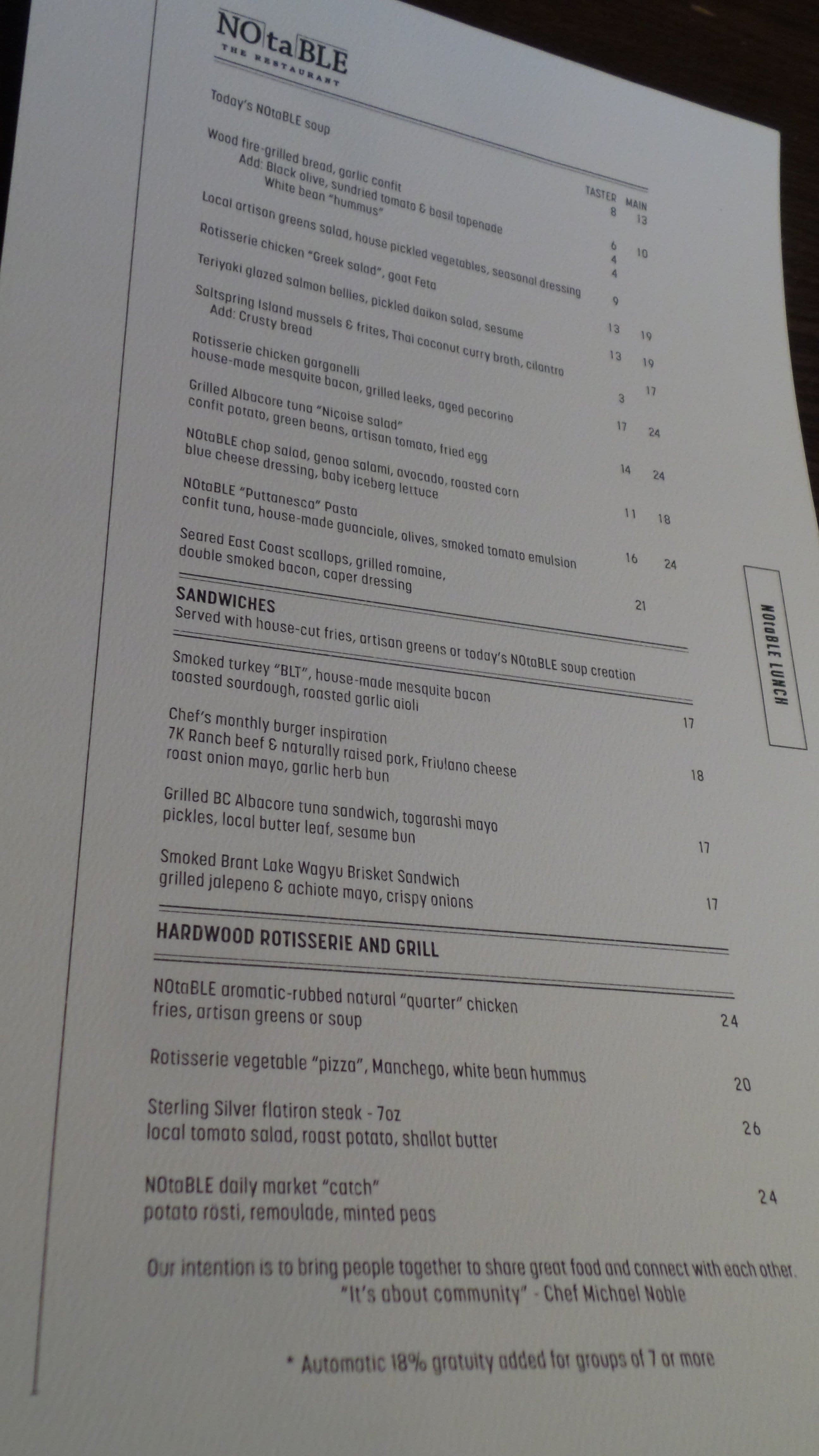 Menu at NOtaBLE - The Restaurant, Calgary