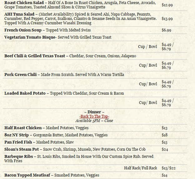 Menu at Sloan's Bar & Grill, Edgewater