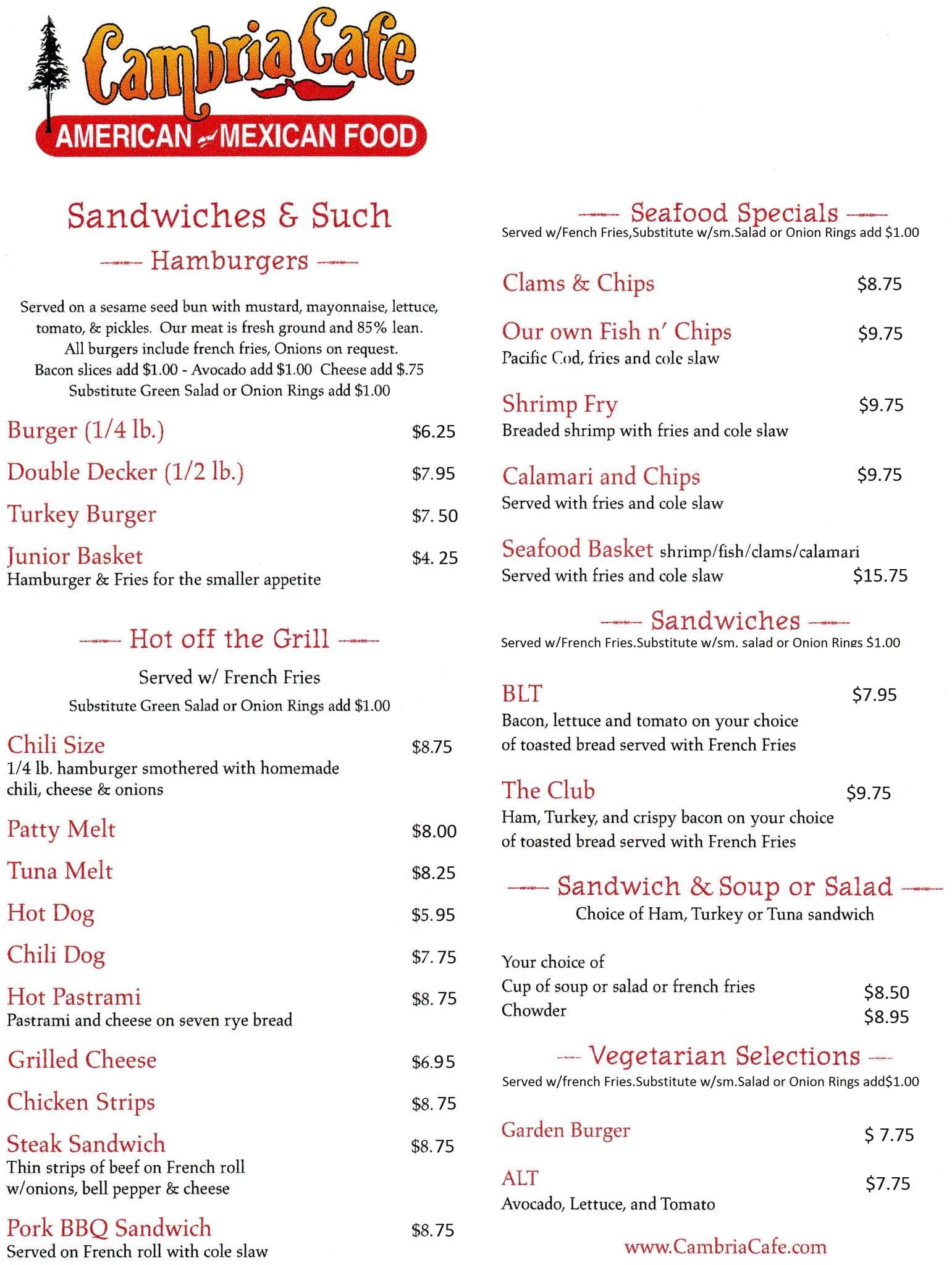 Menu at Cambria Cafe, Cambria