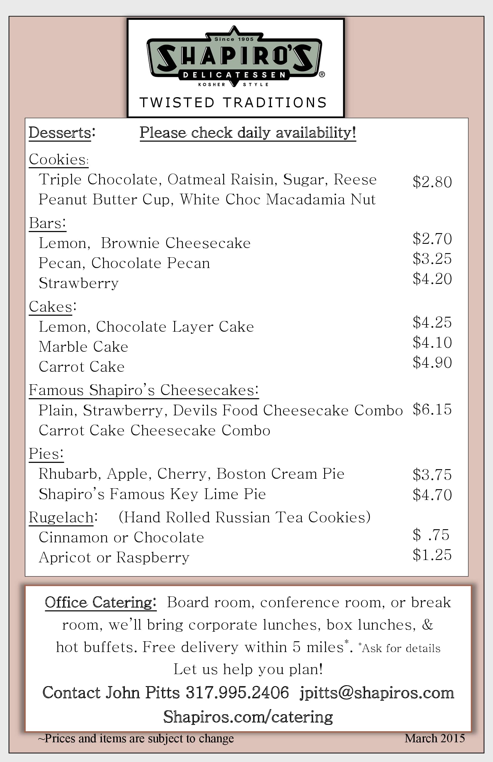 Menu at Shapiro's Delicatessen restaurant, Indianapolis, Keystone Xing