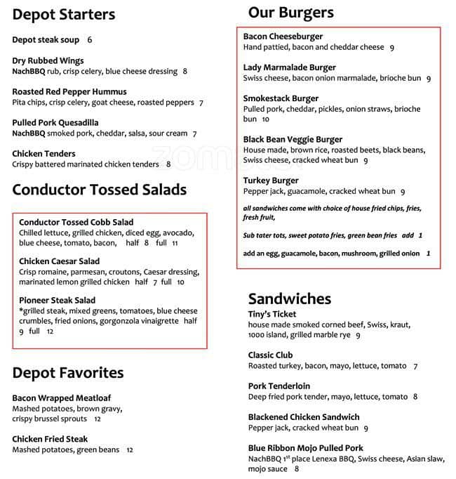 Menu at The Depot restaurant, Leavenworth