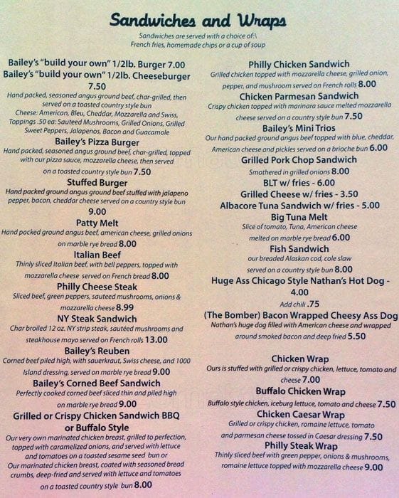 Menu at Bailey's Restaurant & Bar, Tinley Park